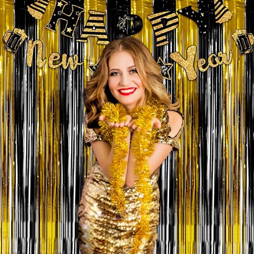 Black and Gold Party Streamers Decoration - GREATRIL Foil Fringe Backdrop for Anniversary/Retirement/Graduation/Farewell/Cocktail/Prom/EID/Birthday - 3.2ft X 8.2ft - 2 Packs