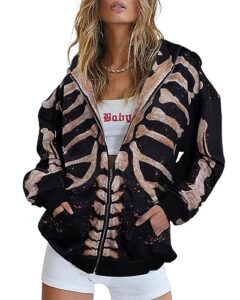 astanfy skeleton oversized zip up hoodie women halloween skull sweashirt y2k skull sweashirt fall streetwears pullover tops