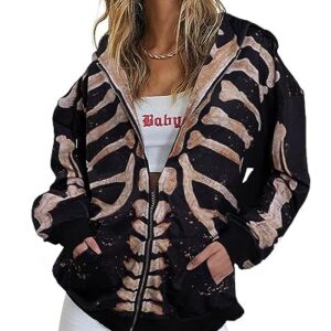 ASTANFY Skeleton Oversized Zip Up Hoodie Women Halloween Skull Sweashirt Y2k Skull Sweashirt Fall Streetwears Pullover Tops