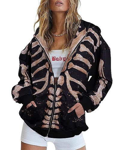 ASTANFY Skeleton Oversized Zip Up Hoodie Women Halloween Skull Sweashirt Y2k Skull Sweashirt Fall Streetwears Pullover Tops