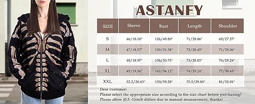 ASTANFY Skeleton Oversized Zip Up Hoodie Women Halloween Skull Sweashirt Y2k Skull Sweashirt Fall Streetwears Pullover Tops