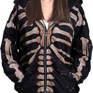 ASTANFY Skeleton Oversized Zip Up Hoodie Women Halloween Skull Sweashirt Y2k Skull Sweashirt Fall Streetwears Pullover Tops