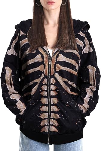 ASTANFY Skeleton Oversized Zip Up Hoodie Women Halloween Skull Sweashirt Y2k Skull Sweashirt Fall Streetwears Pullover Tops