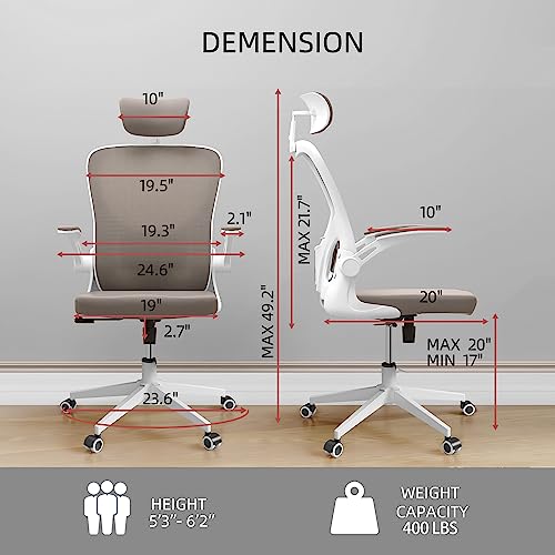 Lybaint Office Chair, High Back Ergonomic Desk Chair, Breathable Mesh Computer Chair with Flip-Up Armrests, Lumbar Support, Adjustable Headrest, 90°-125° Tilt Function, Recliner Chair for Home Office