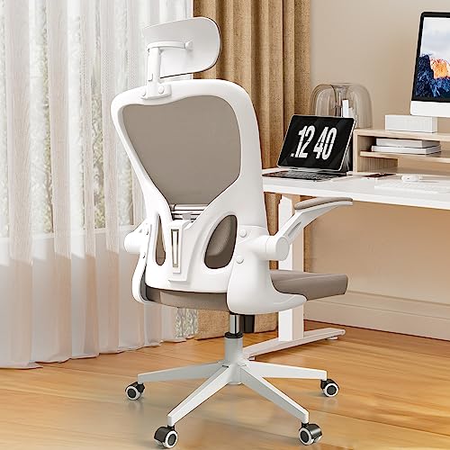 Lybaint Office Chair, High Back Ergonomic Desk Chair, Breathable Mesh Computer Chair with Flip-Up Armrests, Lumbar Support, Adjustable Headrest, 90°-125° Tilt Function, Recliner Chair for Home Office