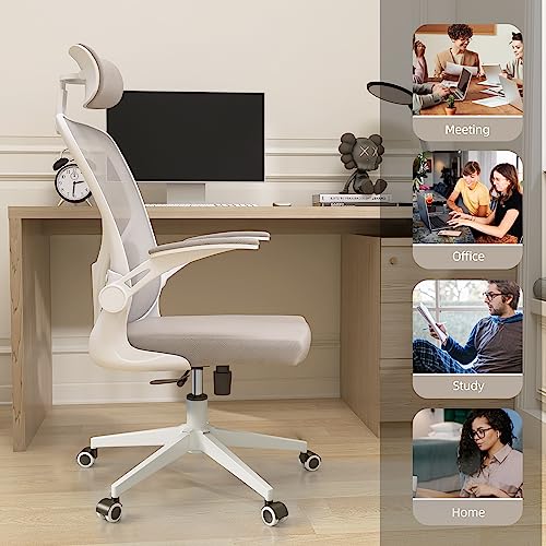 Lybaint Office Chair, High Back Ergonomic Desk Chair, Breathable Mesh Computer Chair with Flip-Up Armrests, Lumbar Support, Adjustable Headrest, 90°-125° Tilt Function, Recliner Chair for Home Office