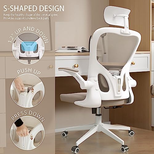 Lybaint Office Chair, High Back Ergonomic Desk Chair, Breathable Mesh Computer Chair with Flip-Up Armrests, Lumbar Support, Adjustable Headrest, 90°-125° Tilt Function, Recliner Chair for Home Office