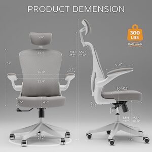 SICHY AGE Ergonomic Office Chair Home Desk Office Chair with Flip-Armrest & Cushion for Lumbar Support, high Back Computer Chair with Thickened Cushion Desk Chairs Gray