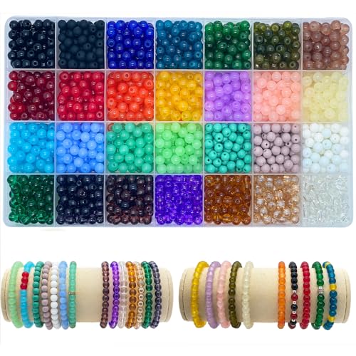 1960 PCS 6mm Glass Beads for Jewelry Making,28 Colors Crystal Beads Round Glass Beads for Bracelets Making Crystal Bead kit Gemstone Beads Bulk Earrings Necklace Phone Lanyard Keychains DIY Crafts