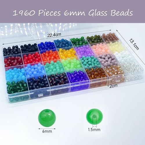 1960 PCS 6mm Glass Beads for Jewelry Making,28 Colors Crystal Beads Round Glass Beads for Bracelets Making Crystal Bead kit Gemstone Beads Bulk Earrings Necklace Phone Lanyard Keychains DIY Crafts