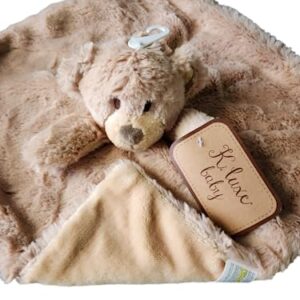 K. Luxe Baby Security Blanket Lovey with Rattle (Brown Bear), 14" x 14"