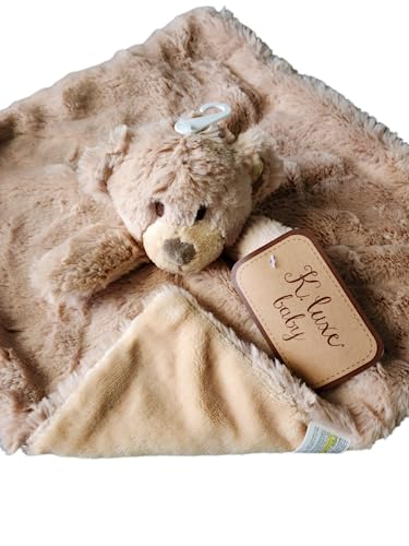 K. Luxe Baby Security Blanket Lovey with Rattle (Brown Bear), 14" x 14"