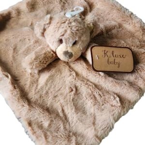 K. Luxe Baby Security Blanket Lovey with Rattle (Brown Bear), 14" x 14"