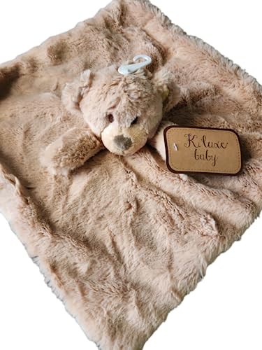 K. Luxe Baby Security Blanket Lovey with Rattle (Brown Bear), 14" x 14"