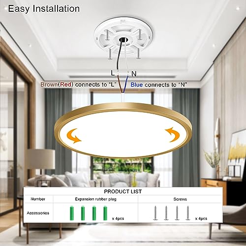 FLETERGIB 12 Inch Gold LED Ceiling Light, 3000K Warm White, 24W Gold Flush Mount Ceiling Light, 3200LM Round Low Profile Ceiling Lights for Bedroom, Living Room, Dining Room