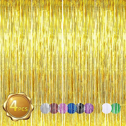 BEISHID 4 Pcs Gold Door Streamers Tinsel Curtain Party Streamers Backdrop Fringe Foil Wall Background for Birthday Halloween Christmas Wedding Party Decoration(3.28 ft x 6.56 ft)