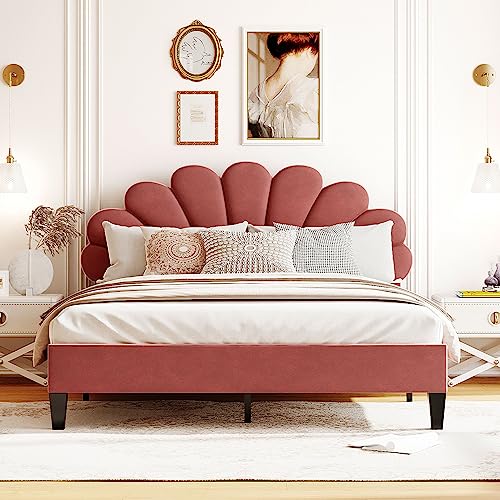 DNYN Upholstered Queen Size Platform Bed for Kids,Adults Bedroom,Velvet Fabric Bedframe with Flower Pattern Headboard & 12 Wood Slat Support,Weight Capacity 660 LBS,No Box Spring Needed, Red