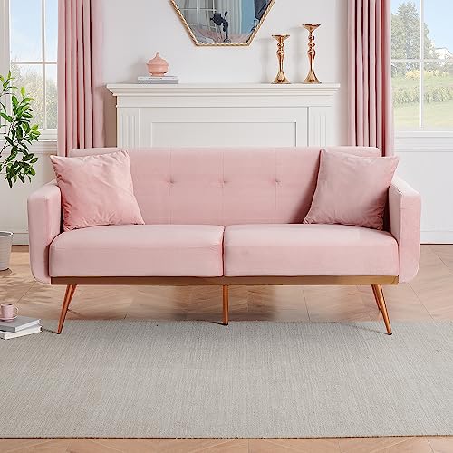 AnwickNomo 70" Velvet Modern Couch Sofa Bed with Golden Metal Legs, Tufted Loveseat with Throw Pillow and Mid Foot for Living Room, Bedroom, Playroom, Office (Pink)