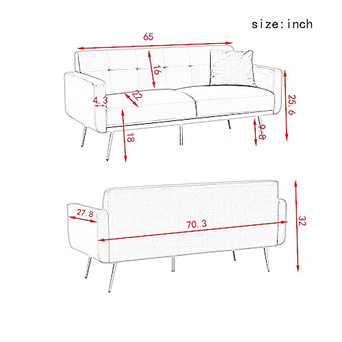 AnwickNomo 70" Velvet Modern Couch Sofa Bed with Golden Metal Legs, Tufted Loveseat with Throw Pillow and Mid Foot for Living Room, Bedroom, Playroom, Office (Pink)