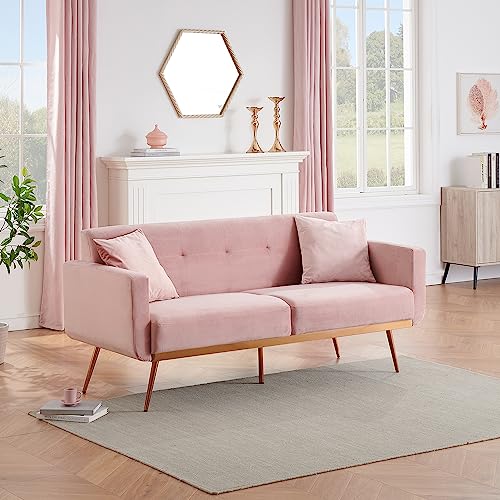 AnwickNomo 70" Velvet Modern Couch Sofa Bed with Golden Metal Legs, Tufted Loveseat with Throw Pillow and Mid Foot for Living Room, Bedroom, Playroom, Office (Pink)