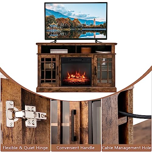 COSTWAY Electric Fireplace TV Stand for TVs Up to 55 Inches, 18-Inch Fireplace Insert with Remote, Overheat Protection, 48-Inch Wooden Media Entertainment Center with Adjustable Shelves, Brown