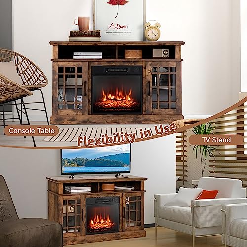 COSTWAY Electric Fireplace TV Stand for TVs Up to 55 Inches, 18-Inch Fireplace Insert with Remote, Overheat Protection, 48-Inch Wooden Media Entertainment Center with Adjustable Shelves, Brown