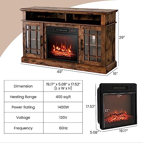 COSTWAY Electric Fireplace TV Stand for TVs Up to 55 Inches, 18-Inch Fireplace Insert with Remote, Overheat Protection, 48-Inch Wooden Media Entertainment Center with Adjustable Shelves, Brown