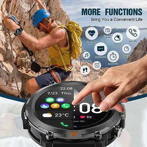 Military Smart Watch for Men with Flashlight(Bluetooth Call/Answer), 1.45” Rugged Tactical Smartwatch for Sleep Heart Rate Pedometer, Outdoor Fitness Tracker Compatible with Android iPhone Black