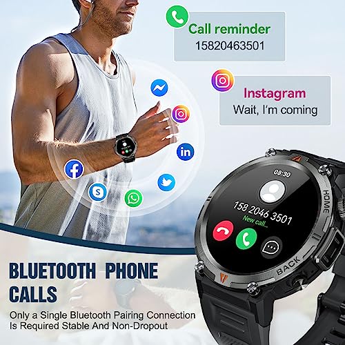 Military Smart Watch for Men with Flashlight(Bluetooth Call/Answer), 1.45” Rugged Tactical Smartwatch for Sleep Heart Rate Pedometer, Outdoor Fitness Tracker Compatible with Android iPhone Black