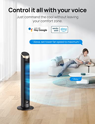 Dreo 40'' WiFi Tower Fan, 26ft/s High-Speed Cooling, Quiet Floor Fan with Remote & Smart Tower Fans for Home, 90° Oscillating Fans for Indoors, 26ft/s Velocity Quiet Floor Fan