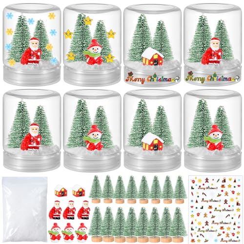 8 Set Christmas Plastic Snow Globes Kit Includes 8 Clear Snow Globe, 16 Mini Xmas Trees, 3 Snowman, 3 Santa Claus, 2 House, 1 Christmas Sticker with Artificial Snow for DIY Crafts Home Winter Decor