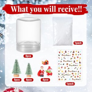 8 Set Christmas Plastic Snow Globes Kit Includes 8 Clear Snow Globe, 16 Mini Xmas Trees, 3 Snowman, 3 Santa Claus, 2 House, 1 Christmas Sticker with Artificial Snow for DIY Crafts Home Winter Decor