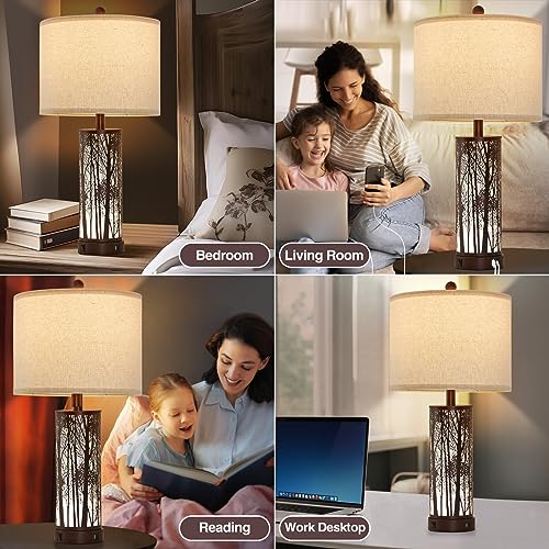 YUNHONG Set of 2 Industrial Table Lamp with USB Ports,Touch Control 3-Way Dimmable Bedroom Lamp, Tree Lamp with White Shade, Brown Metal Forest Lighting for Gothic Bedroom Decor