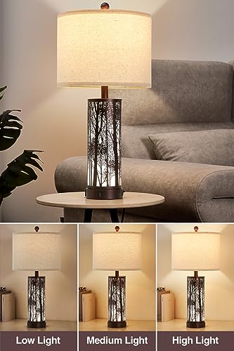 YUNHONG Set of 2 Industrial Table Lamp with USB Ports,Touch Control 3-Way Dimmable Bedroom Lamp, Tree Lamp with White Shade, Brown Metal Forest Lighting for Gothic Bedroom Decor