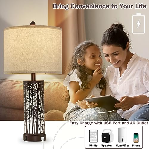 YUNHONG Set of 2 Industrial Table Lamp with USB Ports,Touch Control 3-Way Dimmable Bedroom Lamp, Tree Lamp with White Shade, Brown Metal Forest Lighting for Gothic Bedroom Decor