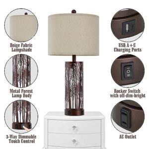 YUNHONG Set of 2 Industrial Table Lamp with USB Ports,Touch Control 3-Way Dimmable Bedroom Lamp, Tree Lamp with White Shade, Brown Metal Forest Lighting for Gothic Bedroom Decor