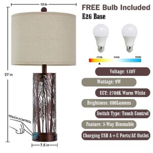 YUNHONG Set of 2 Industrial Table Lamp with USB Ports,Touch Control 3-Way Dimmable Bedroom Lamp, Tree Lamp with White Shade, Brown Metal Forest Lighting for Gothic Bedroom Decor