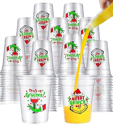 VDESFUEBY Green Christmas Party Supplies,12oz Christmas Party Cups Drink Up Disposable Clear Plastic Cups for Halloween Party Table Supplies (40PCS)