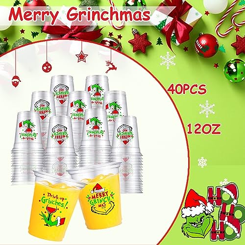 VDESFUEBY Green Christmas Party Supplies,12oz Christmas Party Cups Drink Up Disposable Clear Plastic Cups for Halloween Party Table Supplies (40PCS)