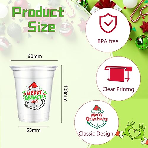 VDESFUEBY Green Christmas Party Supplies,12oz Christmas Party Cups Drink Up Disposable Clear Plastic Cups for Halloween Party Table Supplies (40PCS)