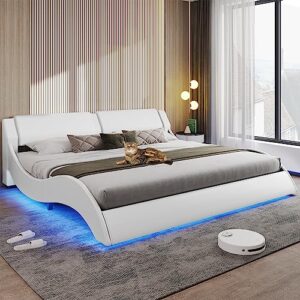 dictac king size bed frame with led lights modern king led bed frame with upholstered headboard faux leather low profile platform bed frame wave like curve bed frame,no box spring needed,white