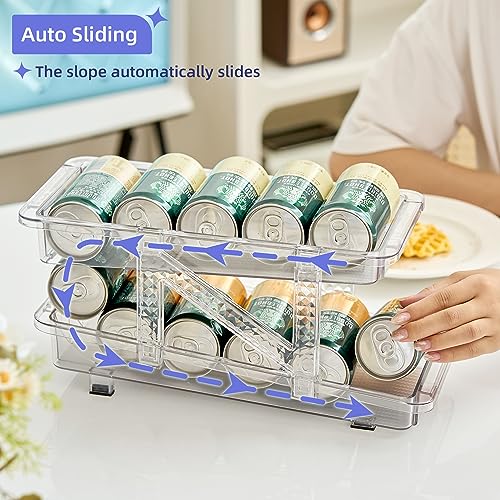 Ynelyase Soda Can Dispenser Organizer for Refrigerator Mini Skinny and Pop Can Holders Drink Storage Wide Adjustable (2-Pack Clear)