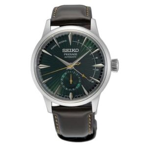 seiko men's green dial dark leather band presage cocktail time automatic analog watch