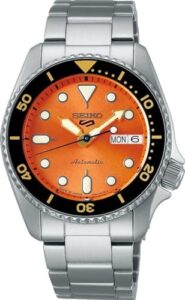 seiko men's pumpkin orange satin dial silver stainless steel band 5 sports automatic analog watch