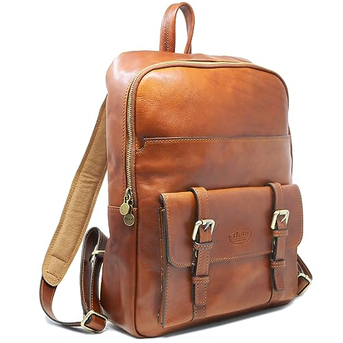 Floto Sabina Leather Backpack Shoulder Bag Knapsack with Laptop Pocket (Olive (Honey) Brown)