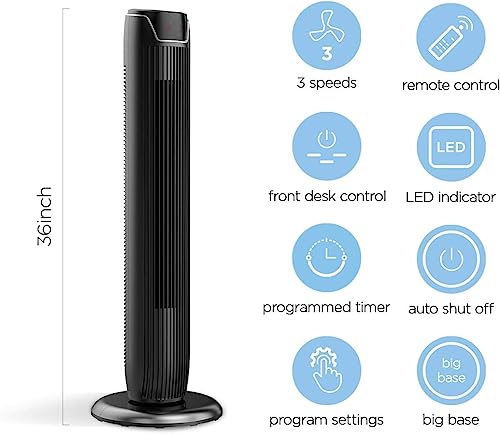 SOHLER 36'' Oscillating Tower Fan, Remote Control, Quiet Stand Up, 3 Speed Settings, 3 Modes, 7-Hour Timer, LED Display, for Bedroom or Home Office Use, Glossy Black