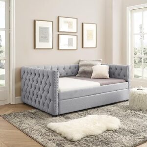 Sofa Bed, Sleeper Sofa- 2 in 1 Pull Out Couch Bed, Sofa Sleeper with Pull Out Bed, with Button and Copper Nail on Square Arms，Full Daybed & Twin Trundle, Grey（85“x57”x31.5“）