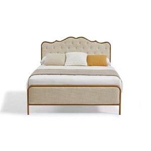 Queen Size Metal Upholstered Platform Bed Frames with Buckle Shaped Headboard, Mid-Century Modern Platform Bed with Sturdy Solid Wood Slat Support for Bedroom Boys Girls, Under Bed Storage, Beige