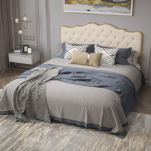 Queen Size Metal Upholstered Platform Bed Frames with Buckle Shaped Headboard, Mid-Century Modern Platform Bed with Sturdy Solid Wood Slat Support for Bedroom Boys Girls, Under Bed Storage, Beige