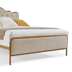 Queen Size Metal Upholstered Platform Bed Frames with Buckle Shaped Headboard, Mid-Century Modern Platform Bed with Sturdy Solid Wood Slat Support for Bedroom Boys Girls, Under Bed Storage, Beige